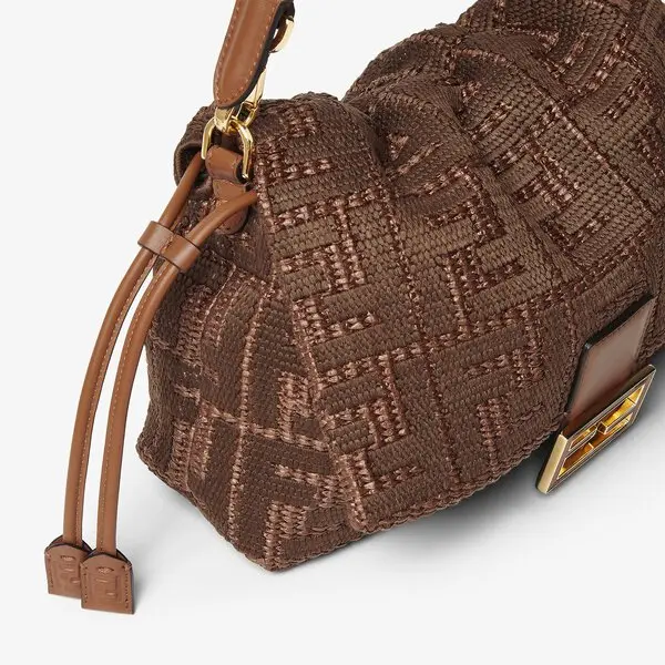 Fendi Baguette® Soft Medium Sellier Brown Raffia-effect Material Woven Bag With Ff Embroidery